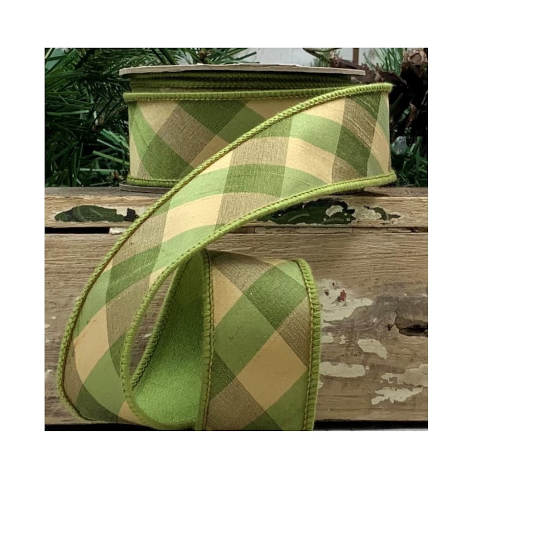 D Stevens, 10 Yards, 1.5 Inch Wired Ribbon, Aspen Check Ribbon, Green ...