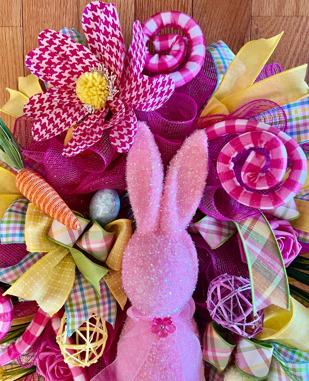 Front Door Wreath, Fuzzy Flocked Pink Easter Bunny Wreath for Front Door, Spring Wreath, UITC ...