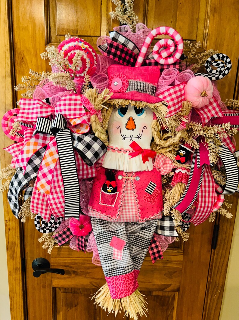 Scarecrow in Pink Handmade Front Door Wreath, Autumn Fall Decor, Gift ...