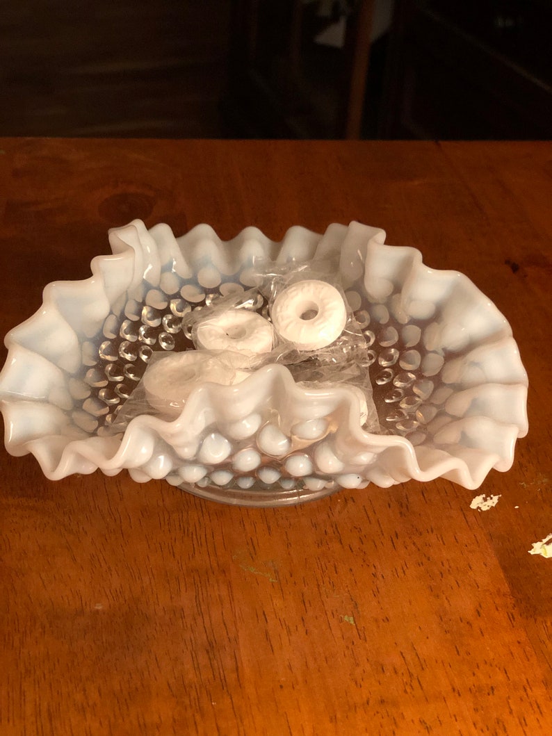 Fenton White Ruffled Hobnail Glass Candy Dish - Etsy