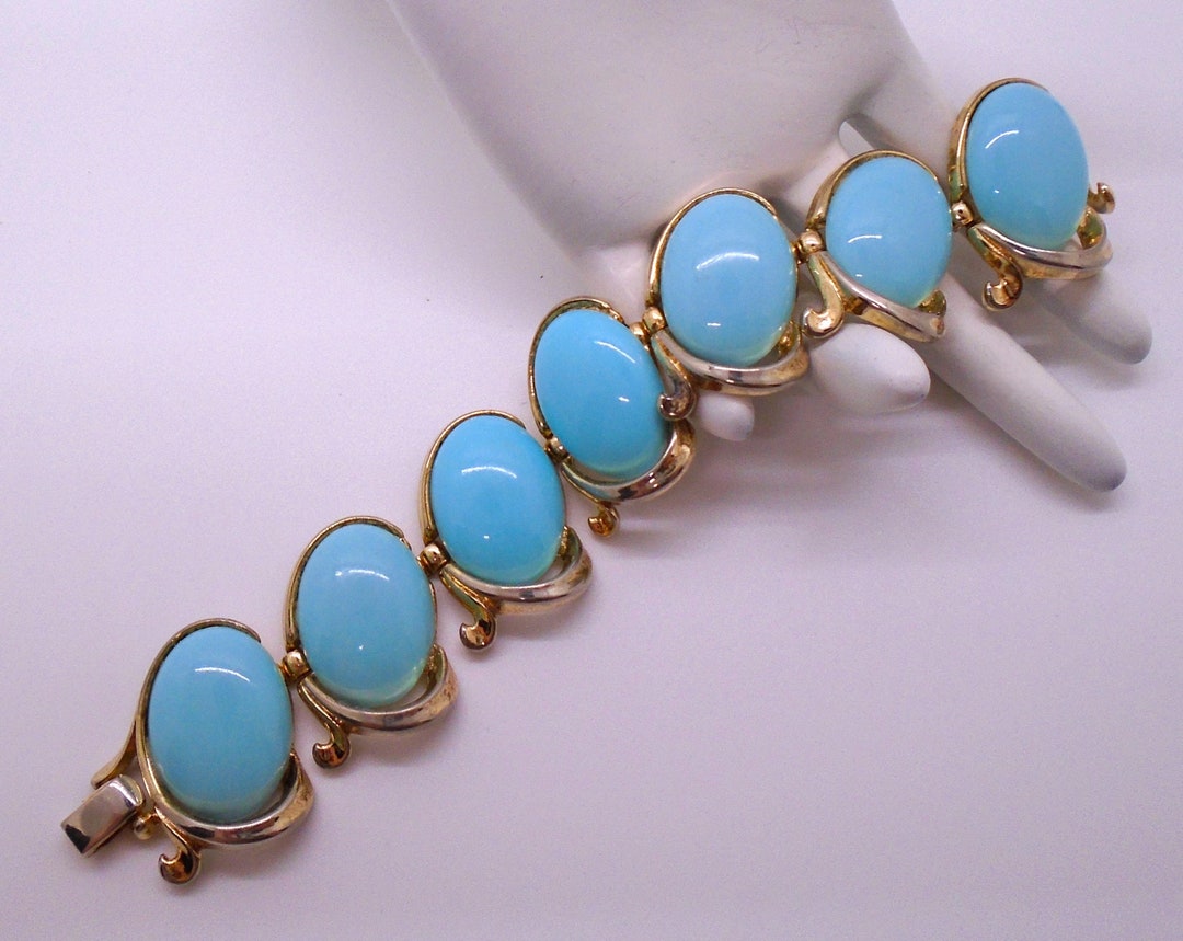 Vintage Gold Tone Aqua Robins Egg Blue Turquoise Thermoset Link ...