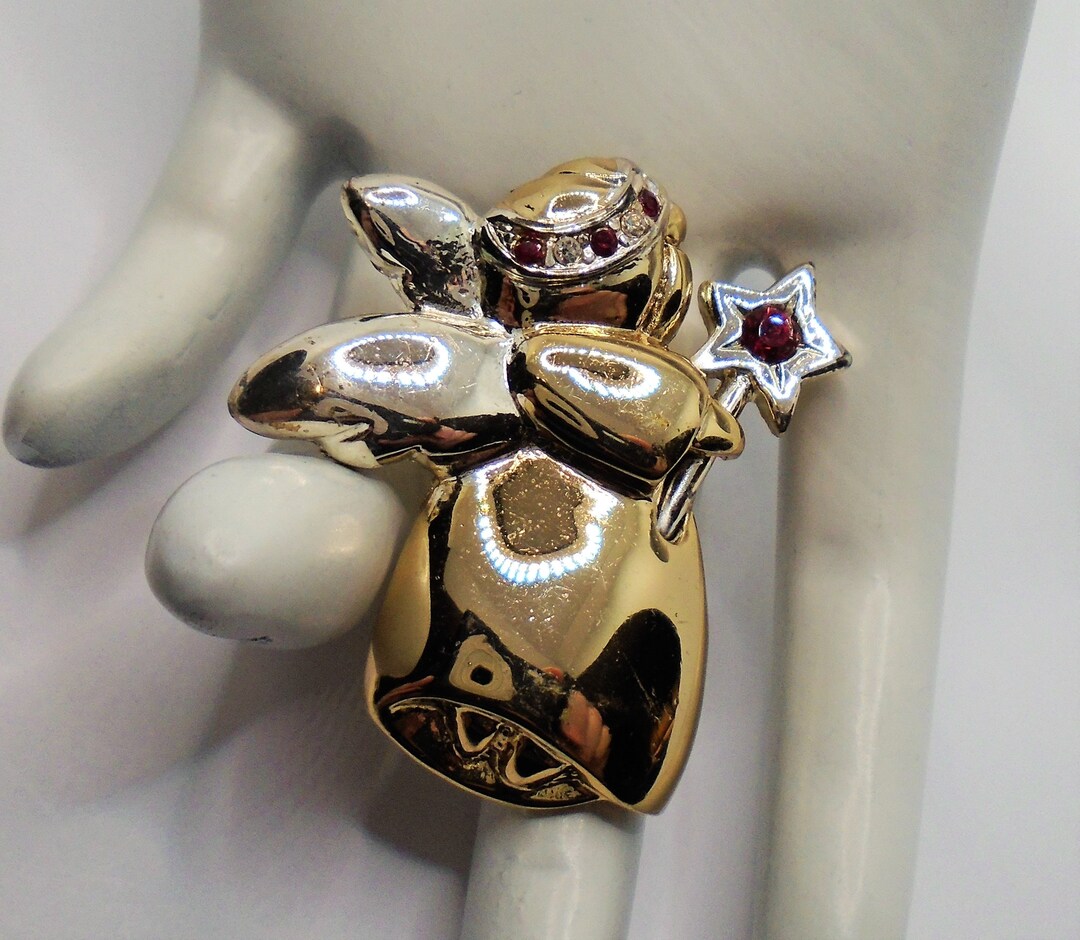 Vintage doré poli et argenté bicolore avec strass rouges et ...