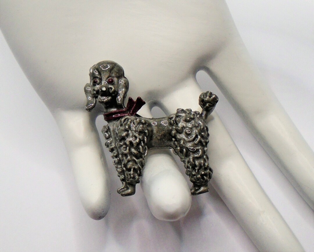 Vintage Detailed Dark Gray Enamel Metal Poodle Dog Puppy With Burgundy ...