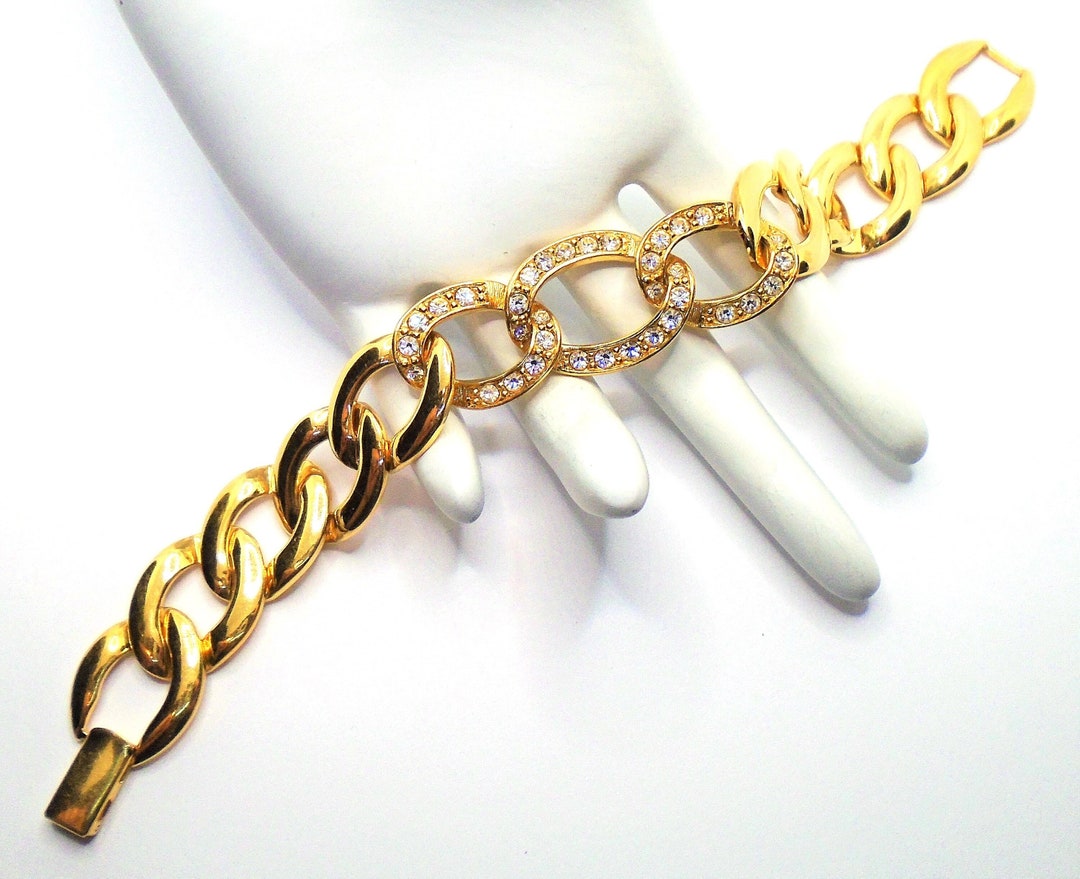 Vintage Polished Gold Tone Chain Link Bracelet With Clear Rhinestones ...