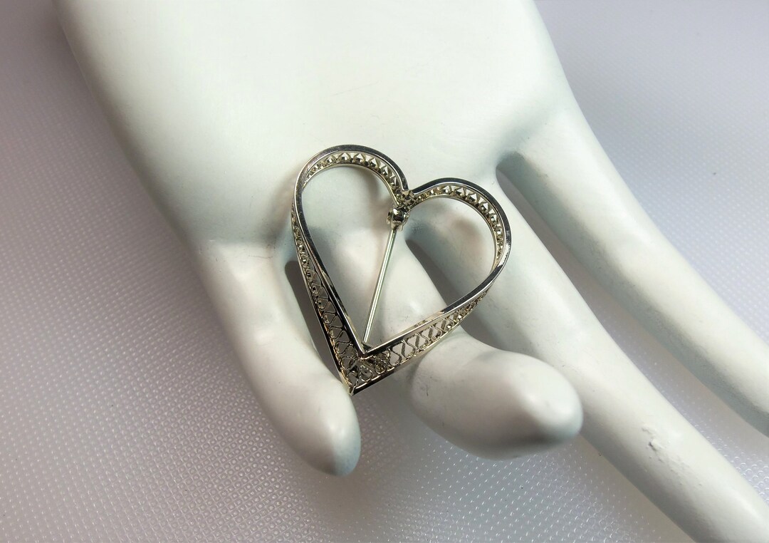 Vintage Poliert Silber Ton Filigrane Offene Herz Pin Brosche Vintage ...