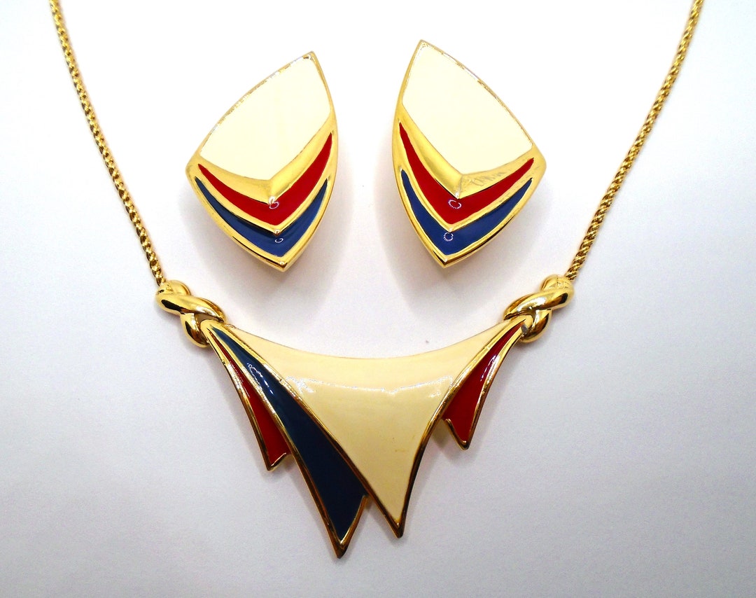 Vintage Monet Enamel Necklace and Earrings Set: Gold Tone Regatta ...