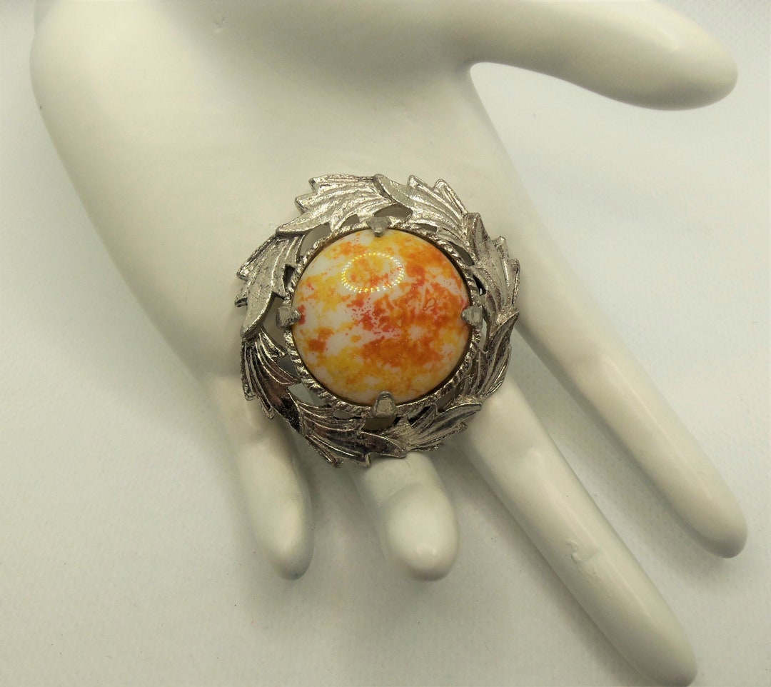 Vintage Jacobite Brooch: Silver Tone Celtic Leaf Pin With Marbled ...