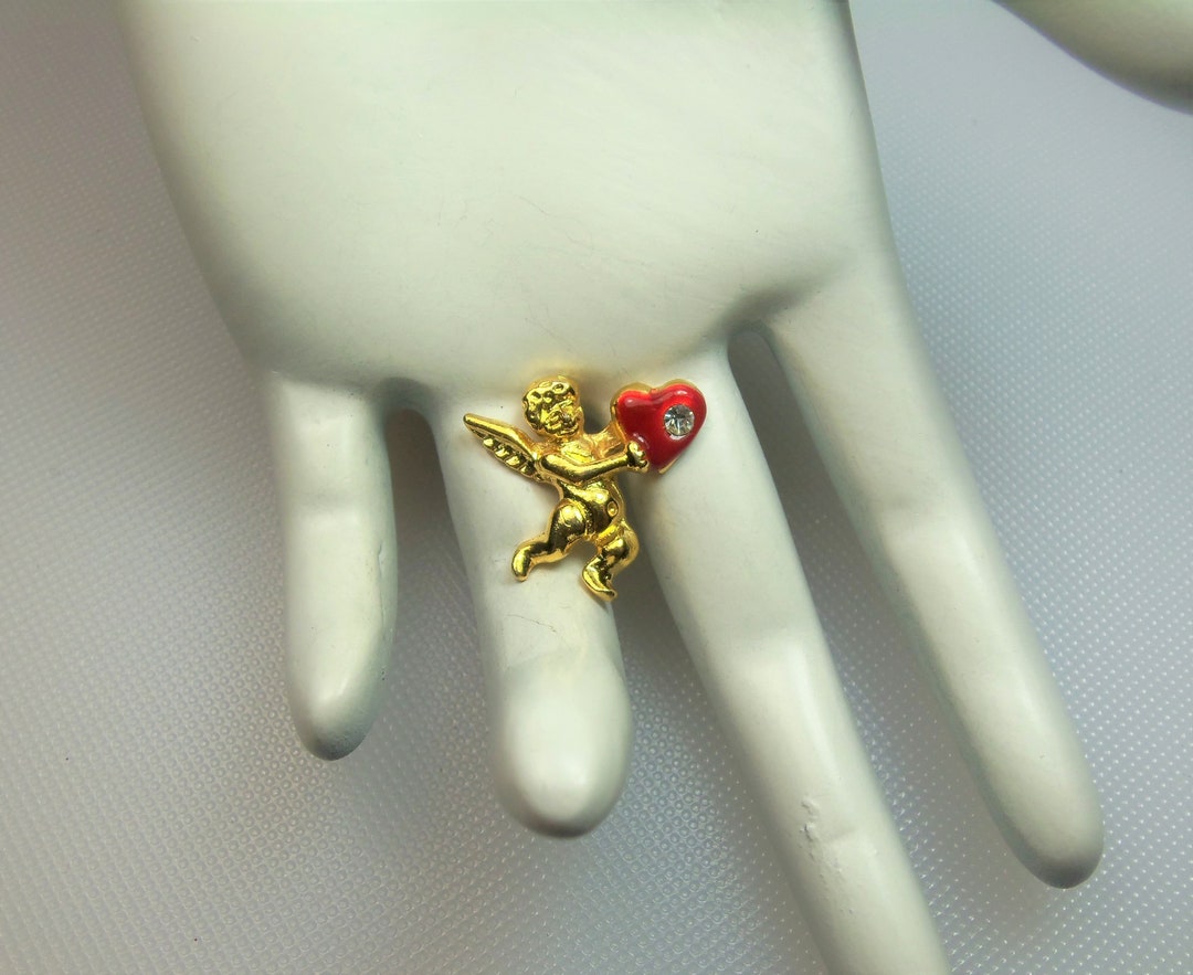 Vintage Polished Gold Tone Adorable Cupid With Red Enamel and ...