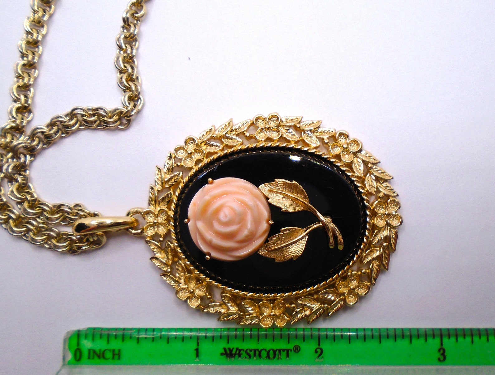 Vintage Gold Tone Oval Black With Faux Coral Rose Reverse Mirror ...