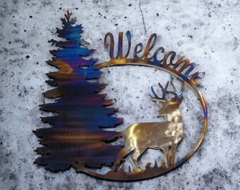 Wood Carved Deer Welcome Sign, Welcome Live Edge Sign, Rustic Welcome ...