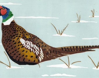 Pheasant in the Winter Snow , Lino Print ( Linoprint ) - Etsy UK