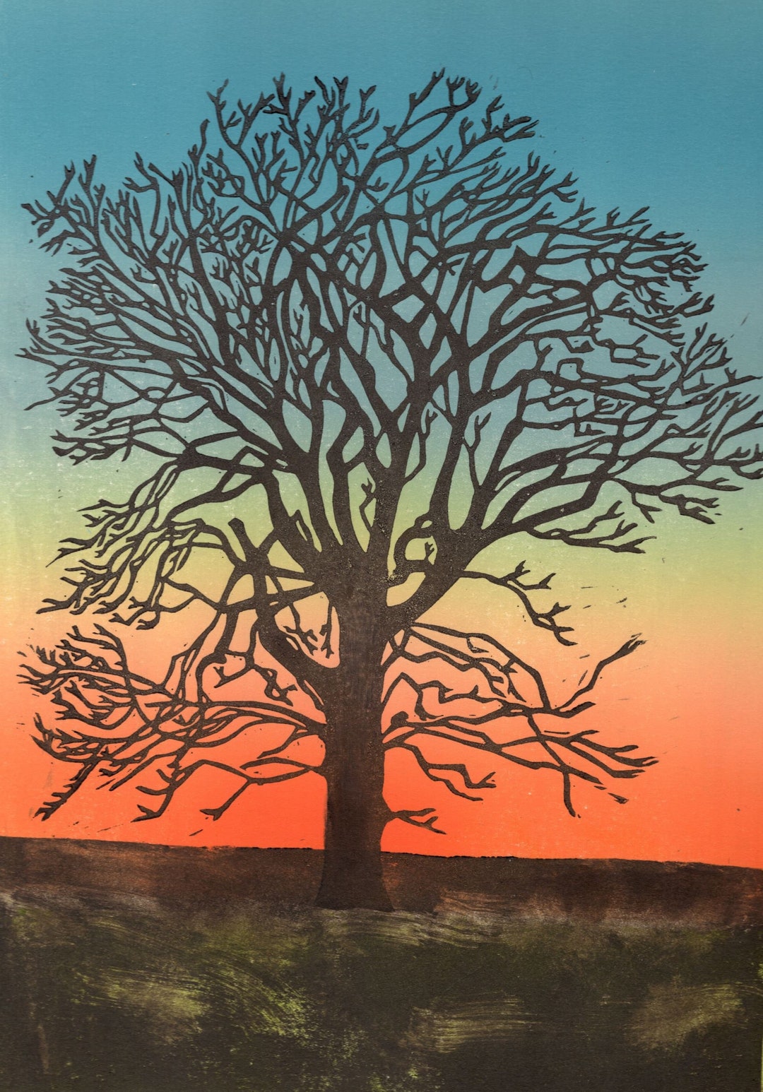 Lino Print - Oak Tree Sunset - Etsy