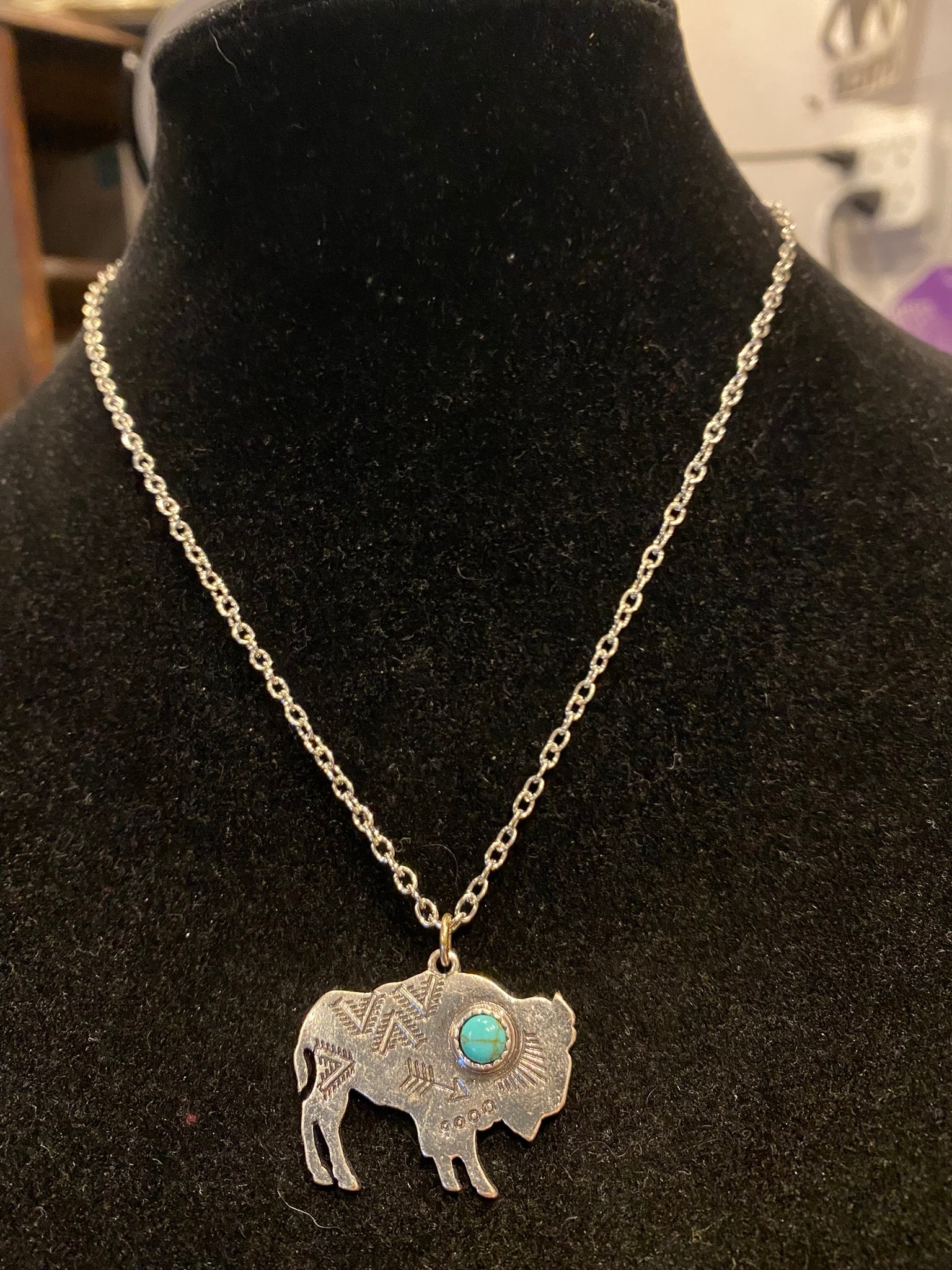 Silver Buffalo Bison Turquoise Pendant Necklace - Etsy