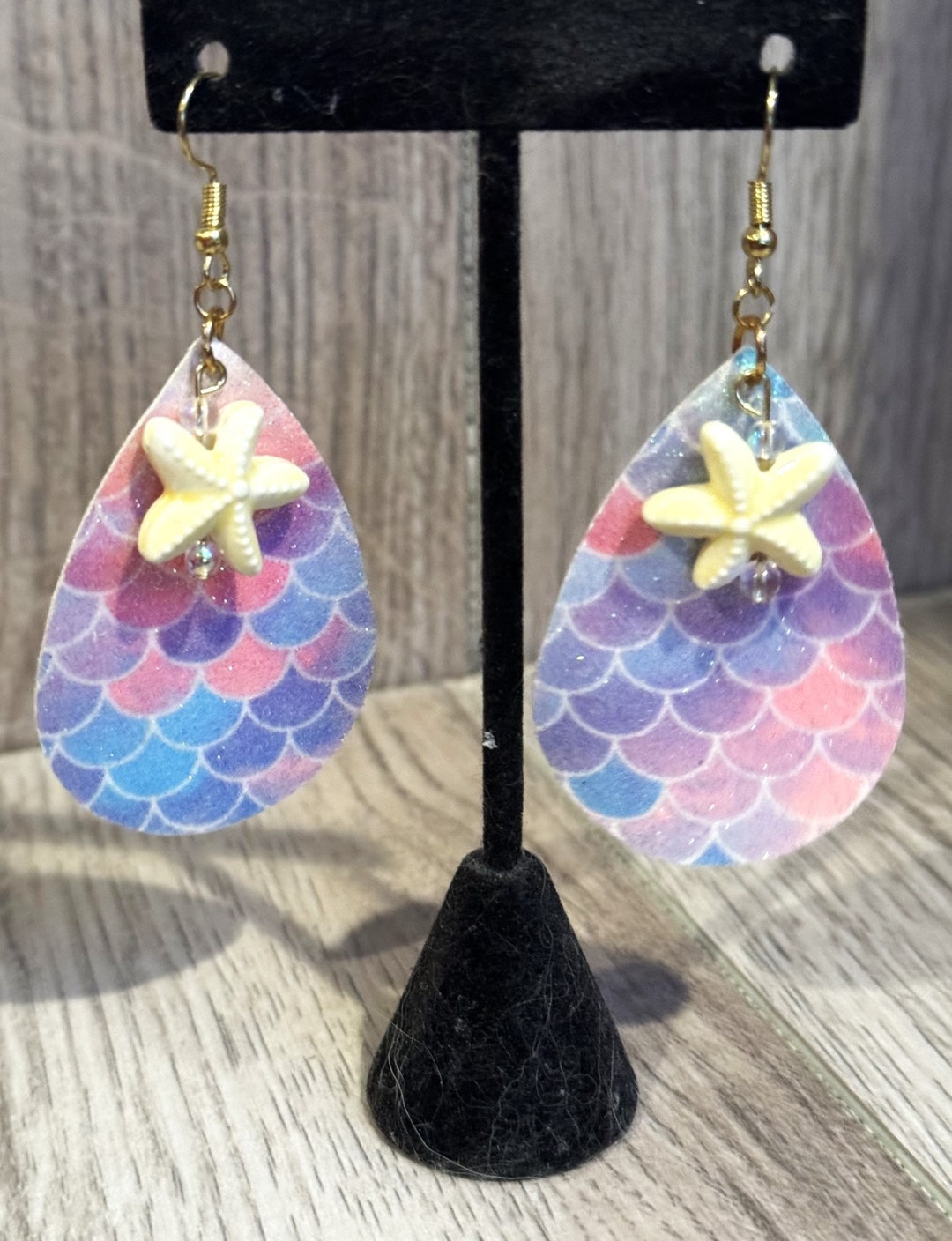 Mermaid Scales, Starfish, Teardrop, Rainbow, Silver, Dangle, Earrings ...