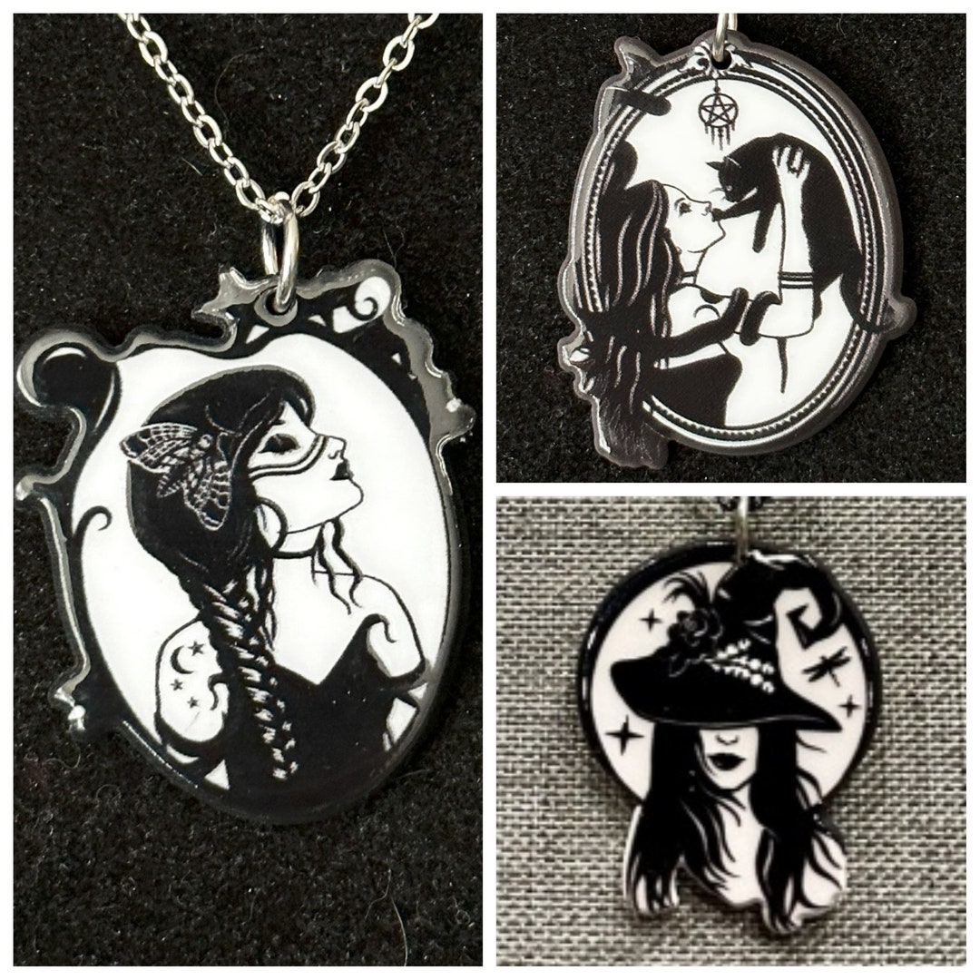 Black, Silver, Witch, Woman, Cat, Moth, Pendant, Necklace - Etsy