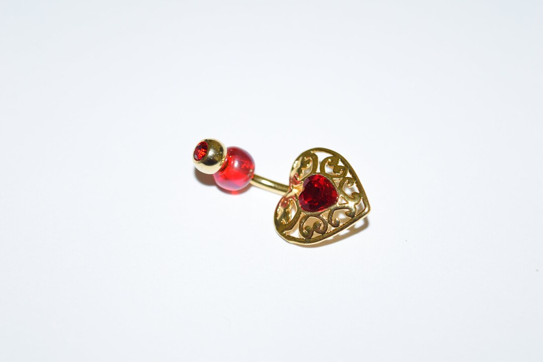 Handmade Gold RED Heart Crystal Belly Ring, 316L Surgical Steel Belly ...