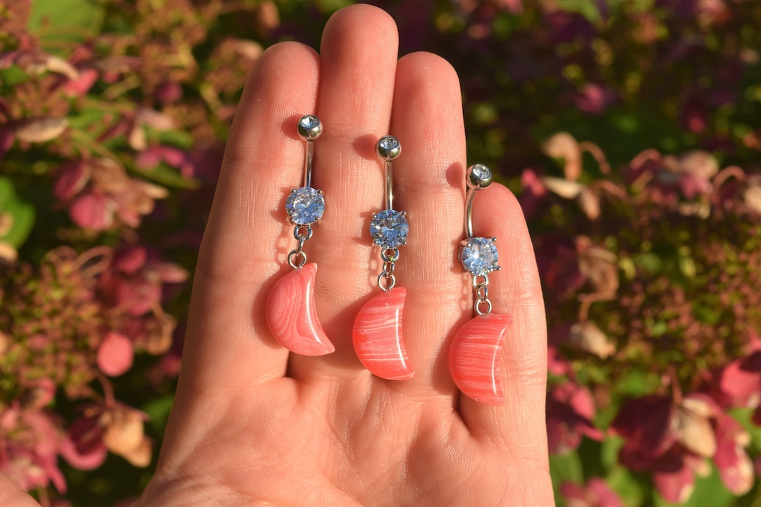 PINK LACE AGATE Moon Belly Ring, Crystal Belly Ring, Belly Button Ring ...