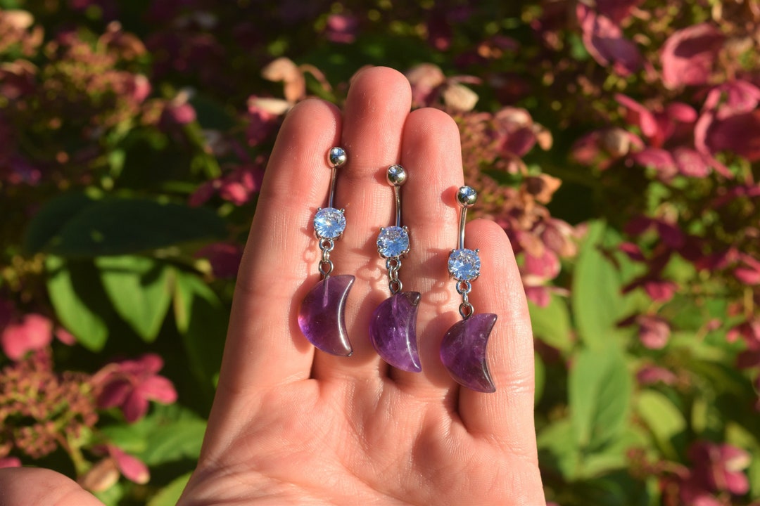 AMETHYST Moon Belly Ring, Crystal Belly Ring, Belly Button Ring Belly ...