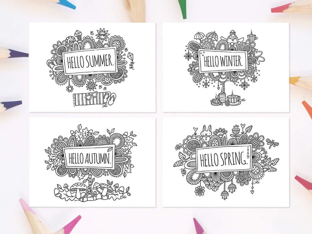 Seasons Doodle Coloring Pages: Hand-drawn Designs (digital Download) - Etsy