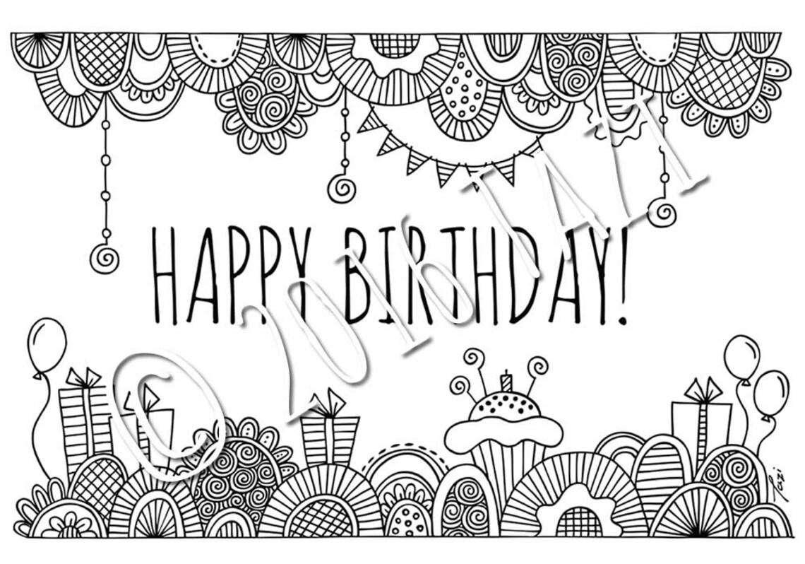 Happy Birthday Colouring Page & Folded Birthday Card | Instant Digital ...