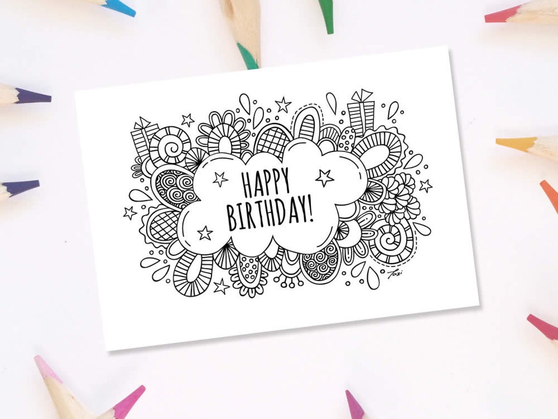 Happy Birthday Colouring Page & Folded Card | Instant Digital Download ...
