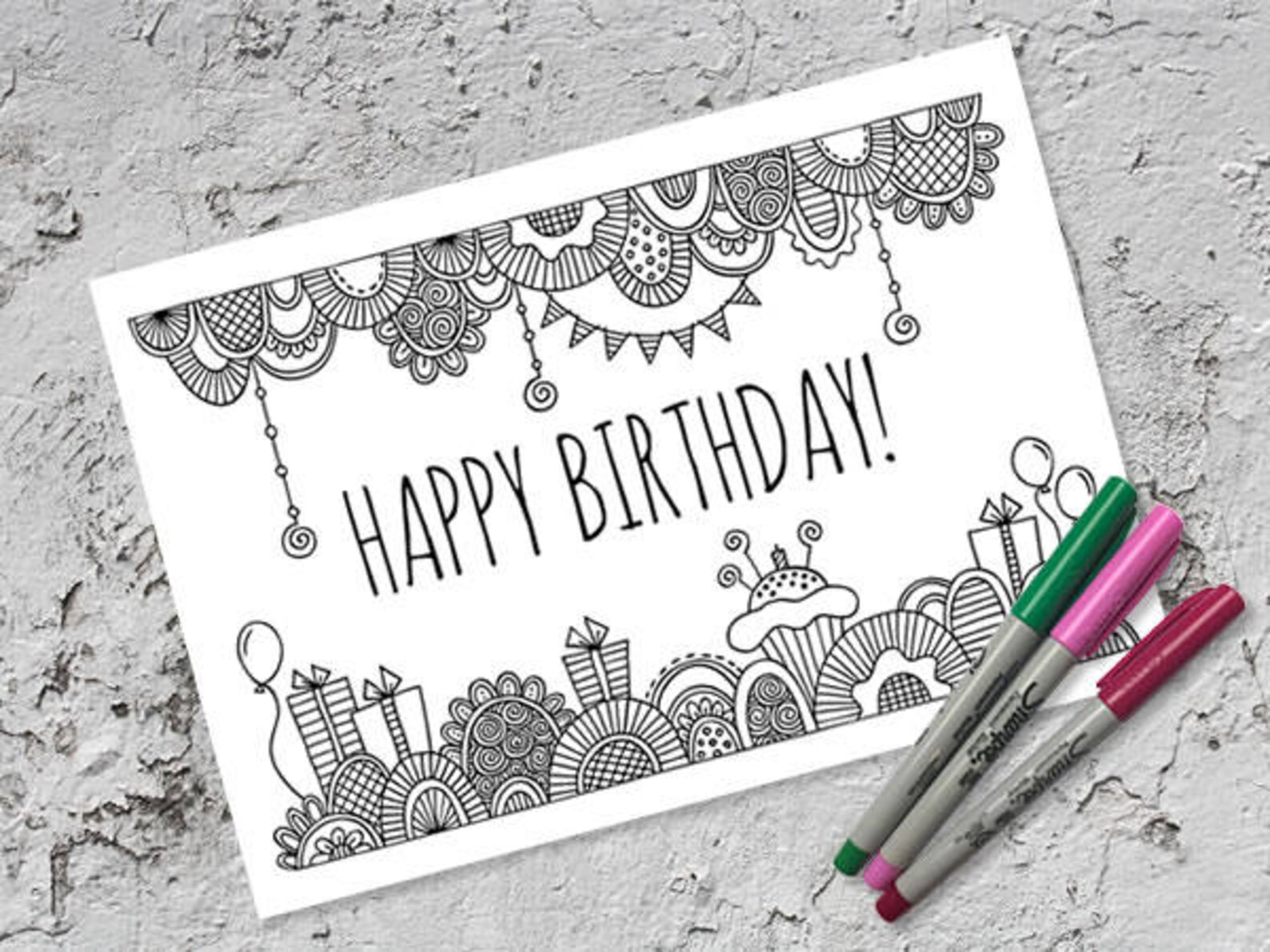 Happy Birthday Colouring Page & Folded Birthday Card | Instant Digital ...