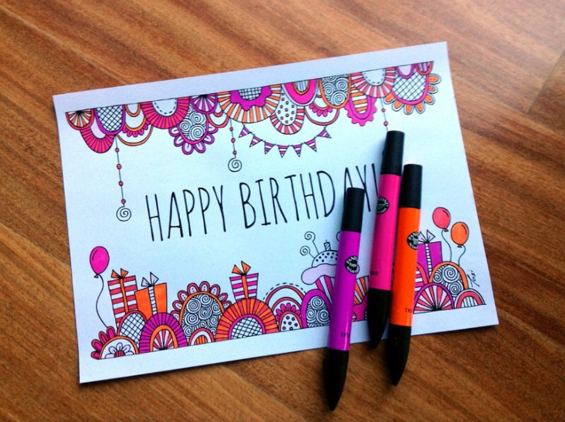 Happy Birthday Colouring Page & Folded Birthday Card | Instant Digital ...