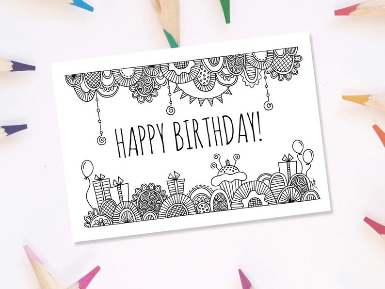 Happy Birthday Colouring Page & Folded Birthday Card | Instant Digital ...