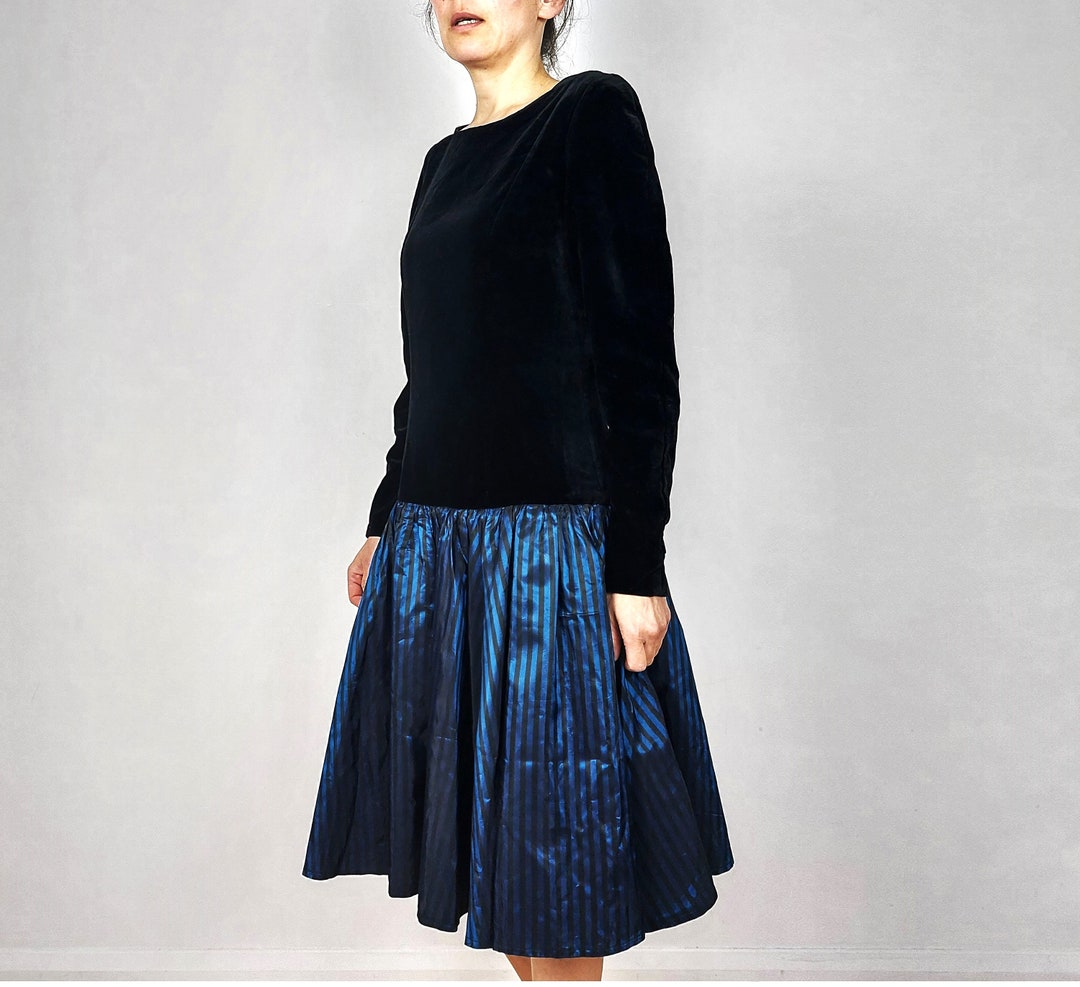LAURA ASHLEY Vintage 80s 90s Velvet Taffeta Drop Waist Bow Dress S M - Etsy