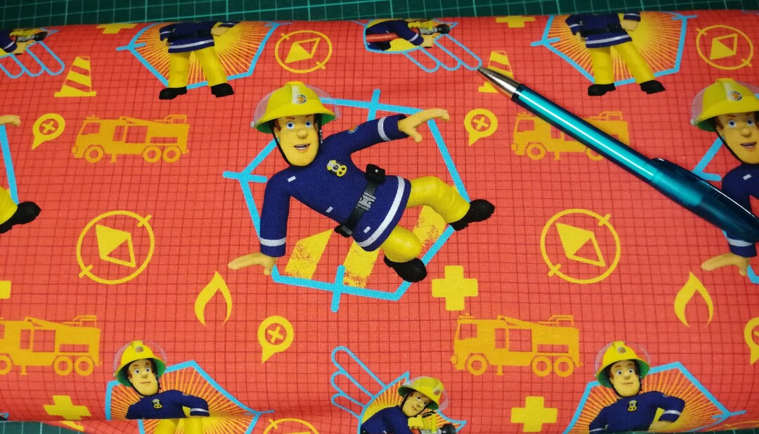 Jersey Fabric Fireman Sam Red Licensed Fabric Firefighter Extinguishing ...