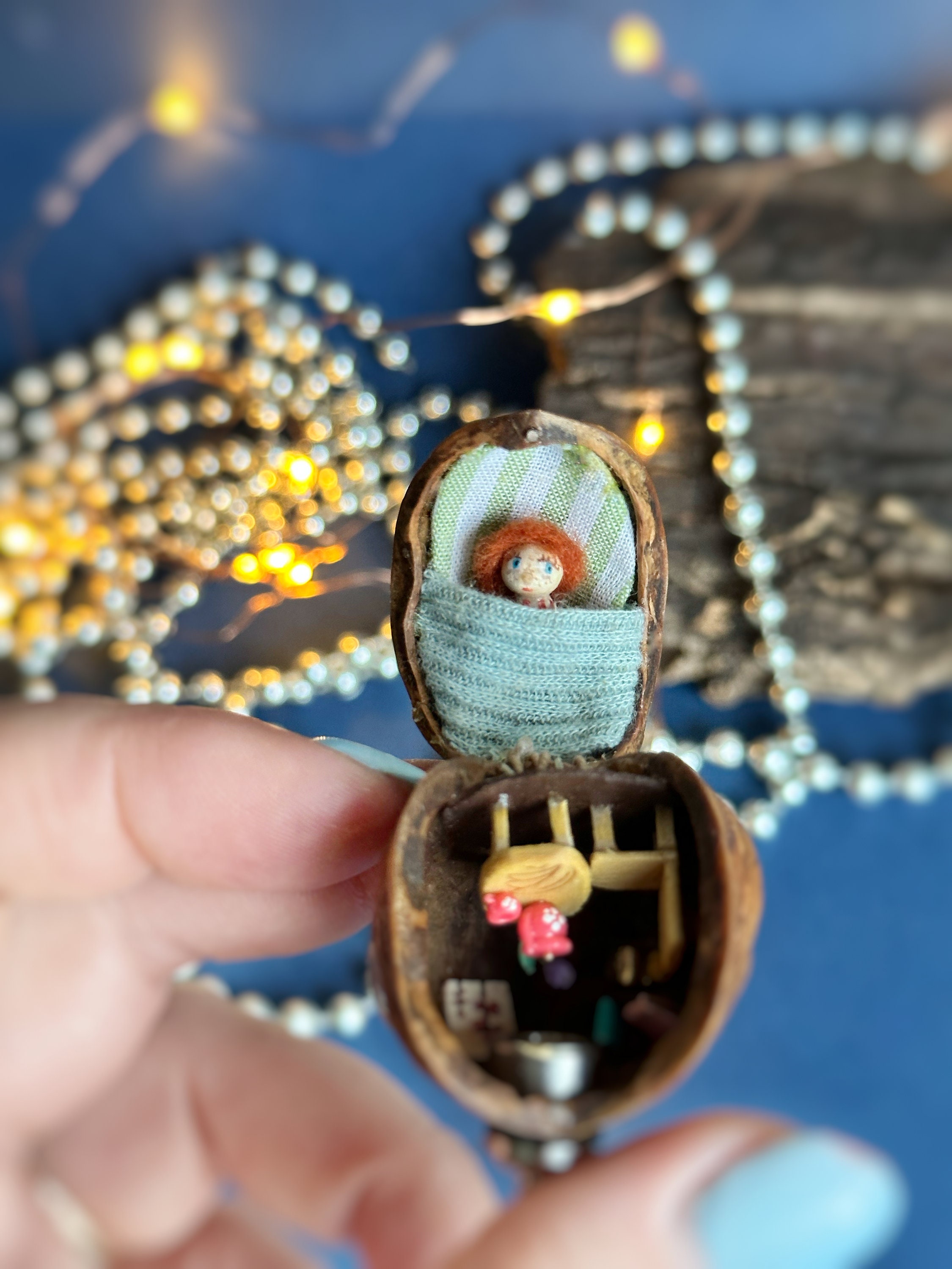 OOAK Walnut Shell House With Real Light and Tiny Doll Inside Fairy ...