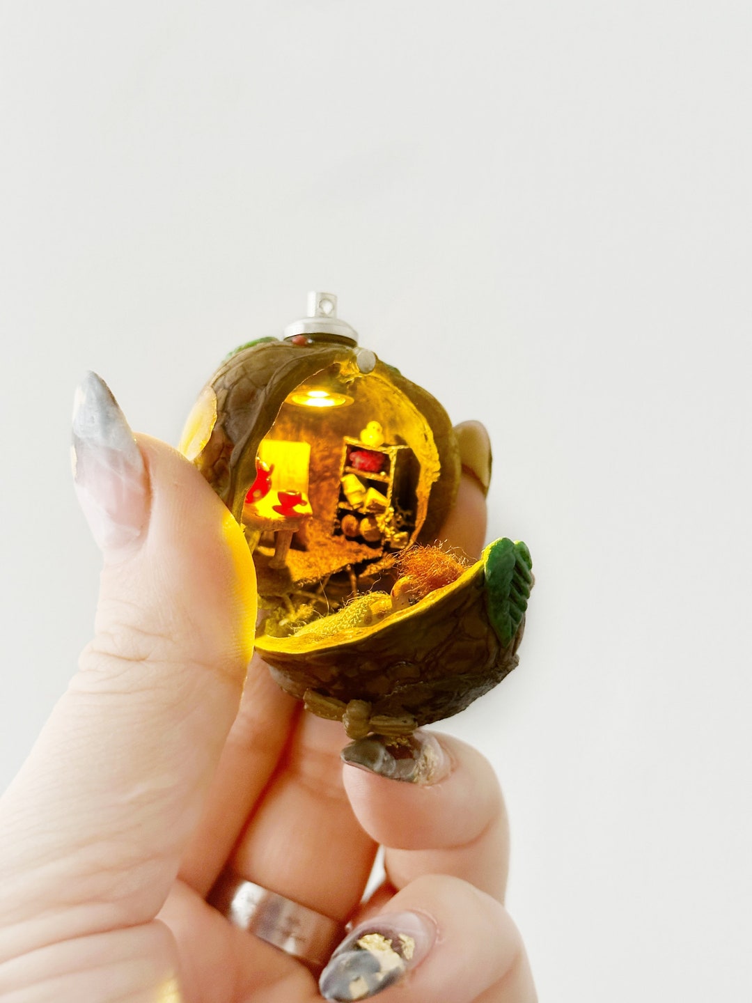 OOAK Walnut Shell House With Real Light and Tiny Doll Inside Fairy ...