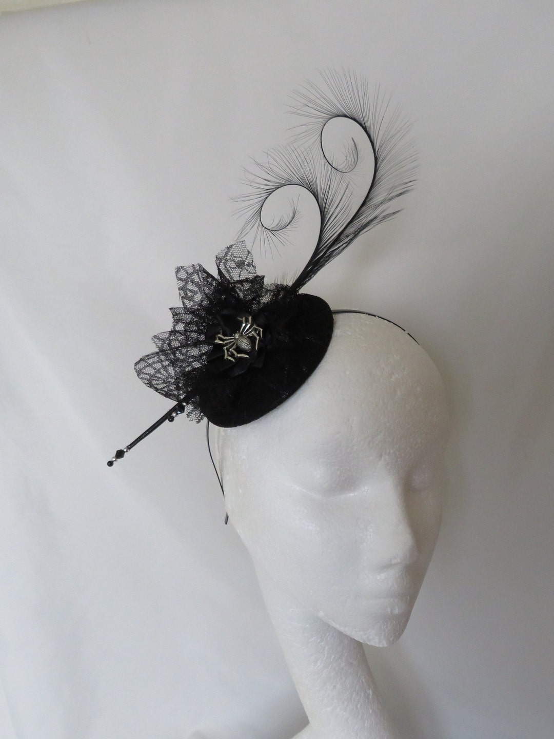Black Gothic Fascinator With Cobweb Lace Curl Feather and - Etsy
