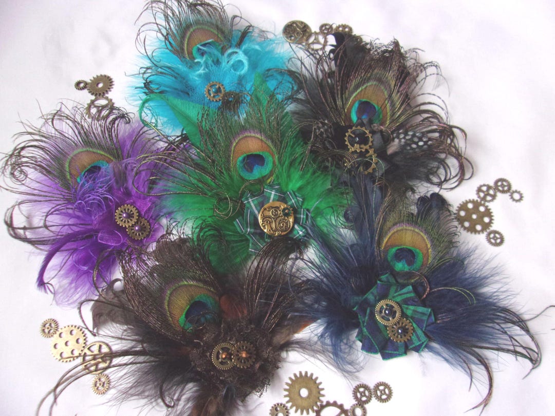 Steampunk Feather Brooch - Peacock Feather With Cogs Many Colours ...