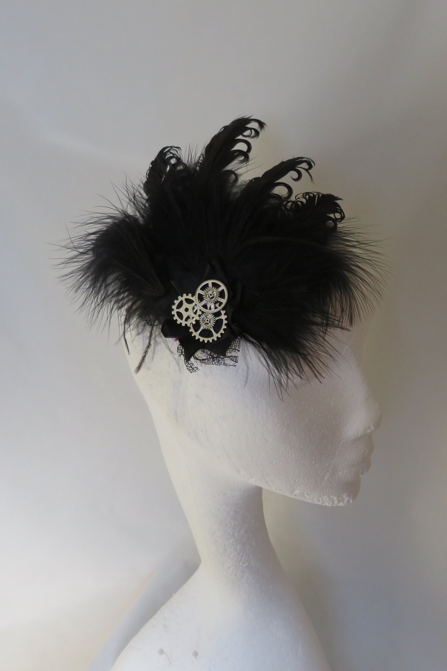 Black Steampunk Feather Fascinator Headpiece With Silver Cogs | Etsy
