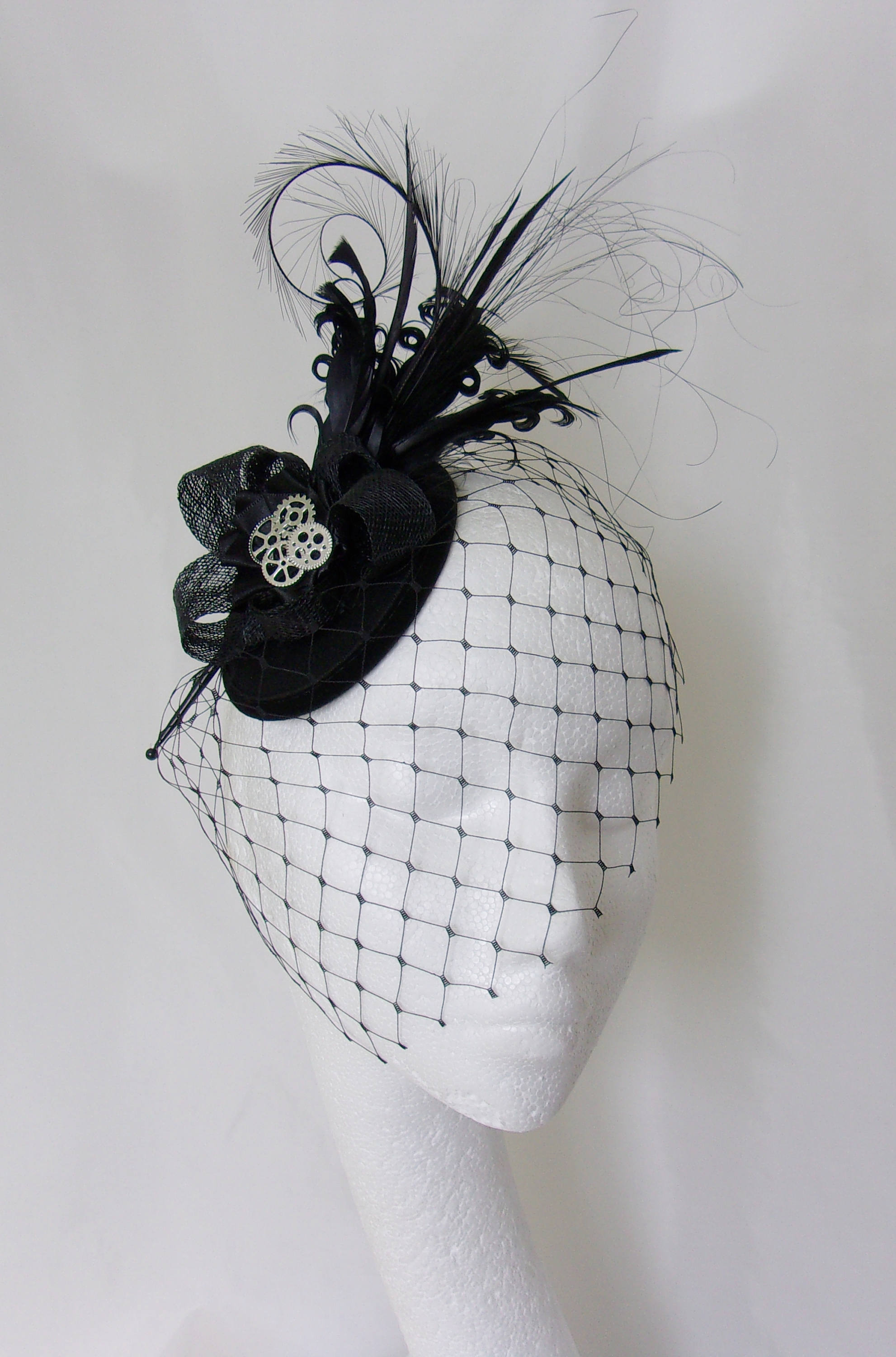 Black Steampunk Fascinator Mixed Feather Plume with Veil and | Etsy