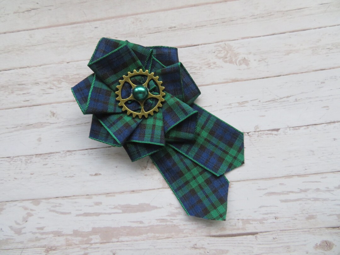 Black Watch Tartan Ruffle Rosette Mini Brooch Pin Scottish Highland ...