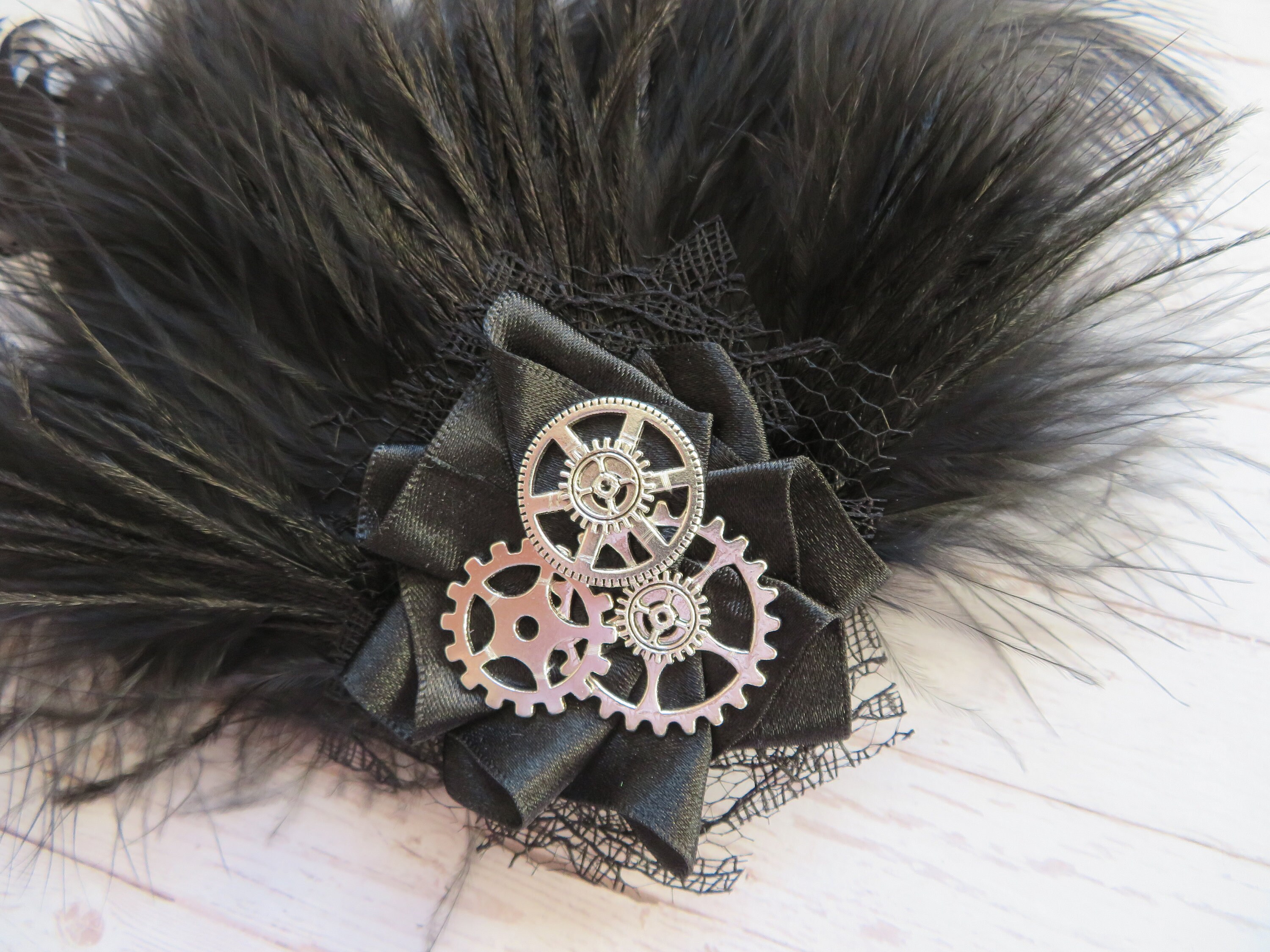 Black Steampunk Feather Fascinator Headpiece With Silver Cogs | Etsy