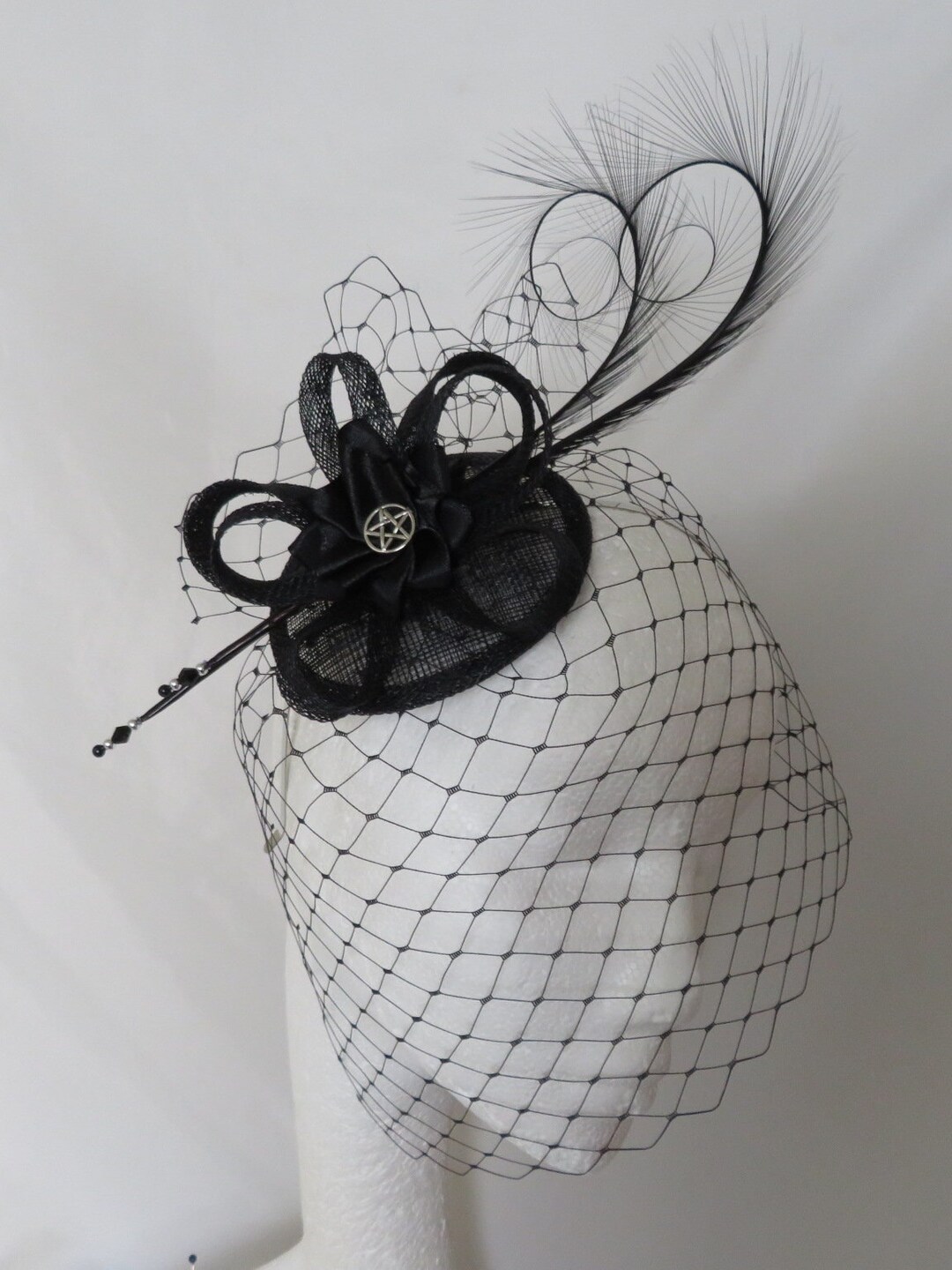 Black Gothic Fascinator With Blusher Veil Curl Feathers Sinamay ...