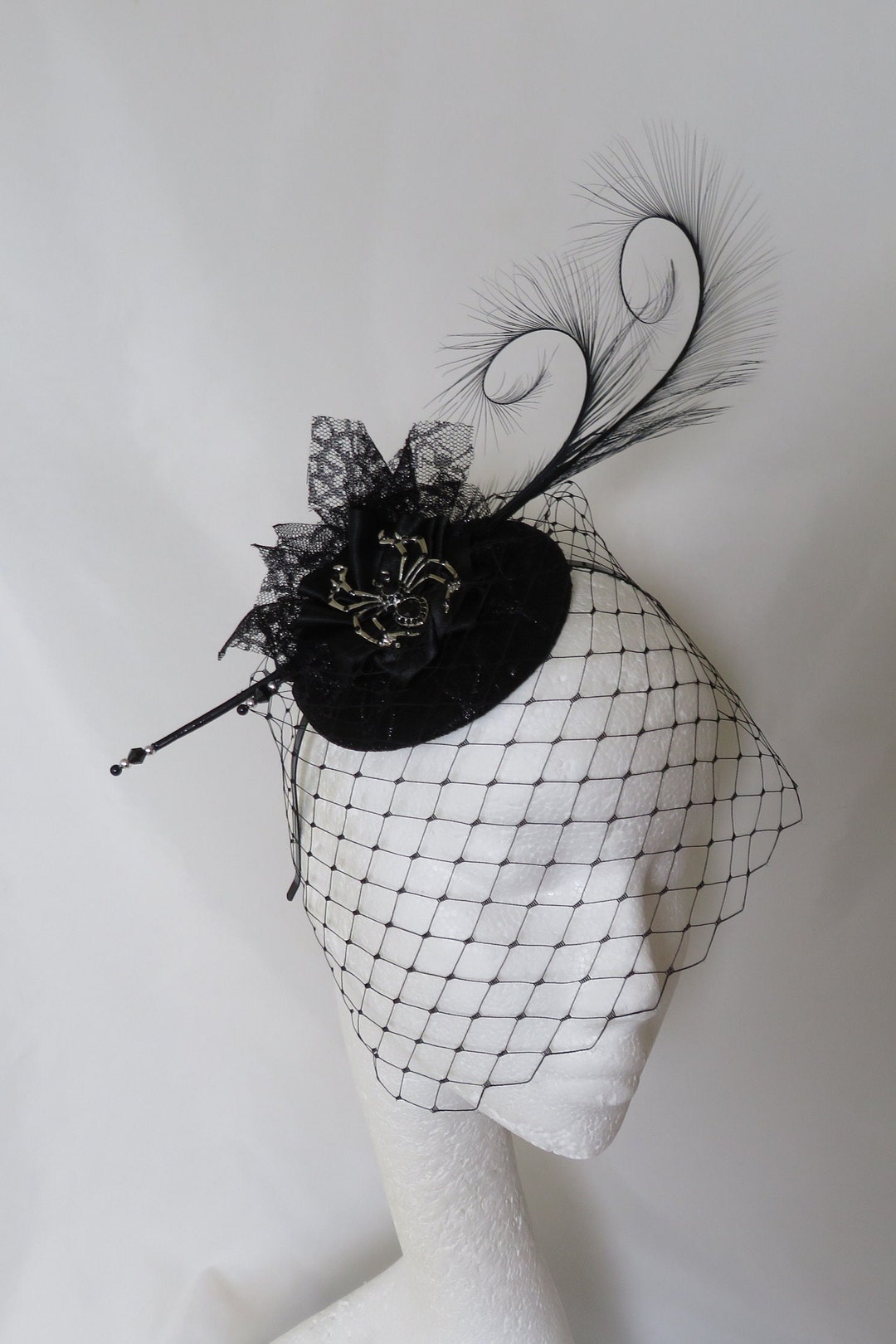Black Gothic Fascinator With Veil Cobweb Lace Curl Feather and Silver ...