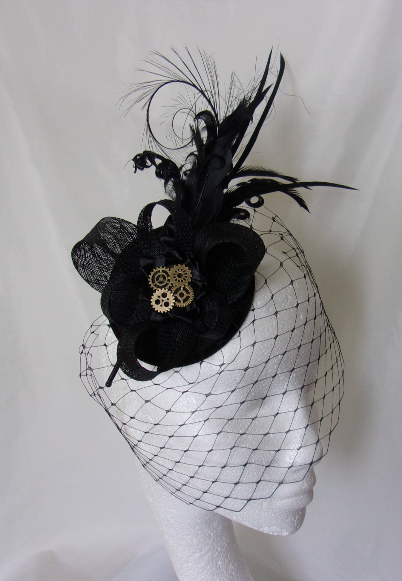 Black Steampunk Fascinator Mixed Feather Plume with Veil and | Etsy