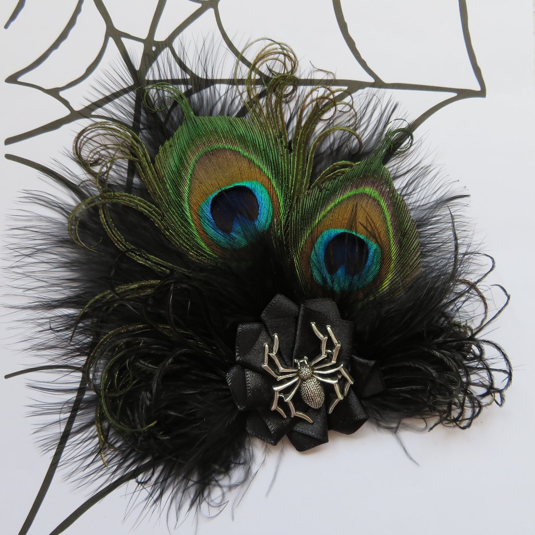 Black Peacock Feather and Silver Spider Gothic Hair Clip Accessory ...