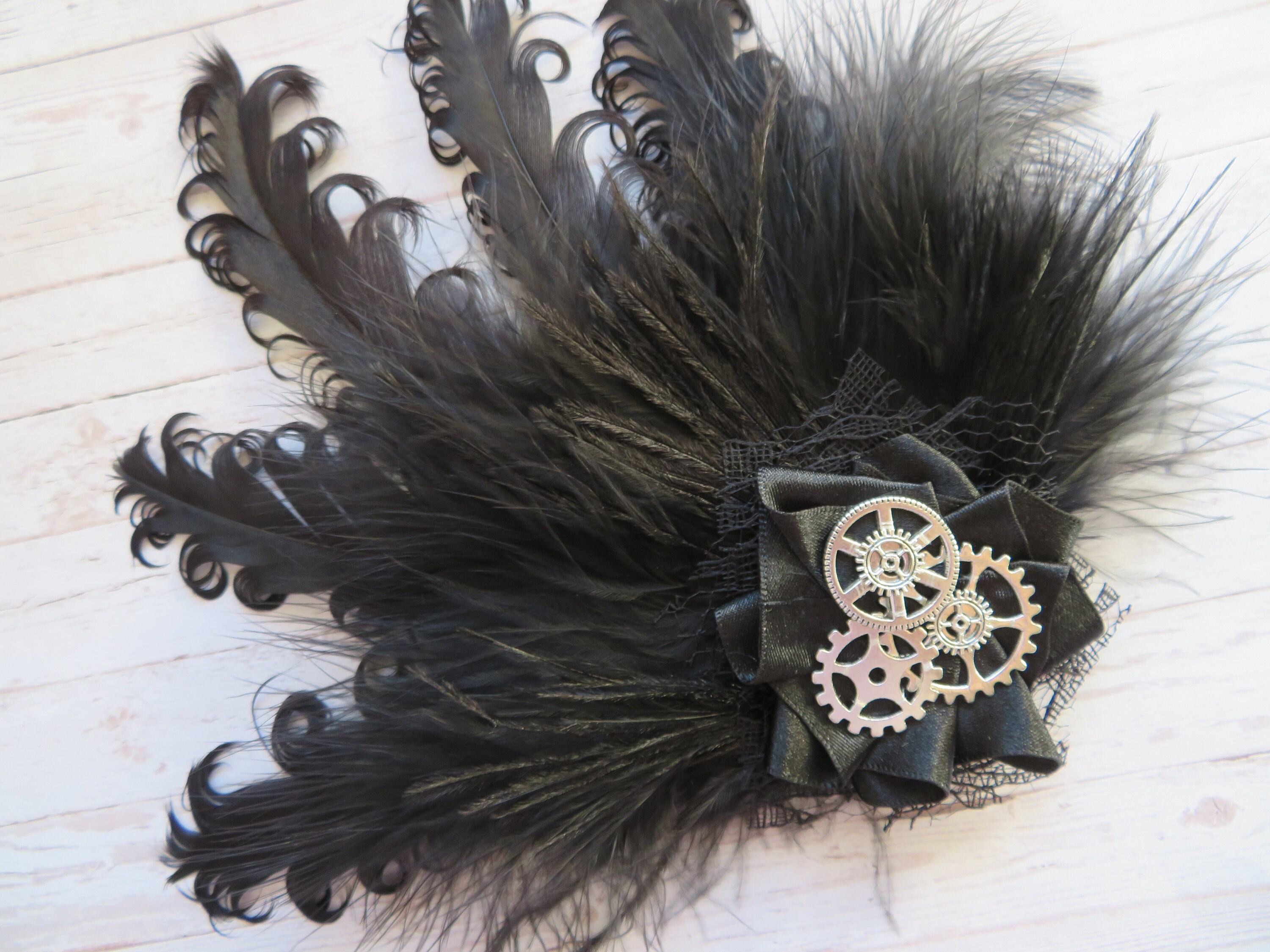 Black Steampunk Feather Fascinator Headpiece With Silver Cogs | Etsy