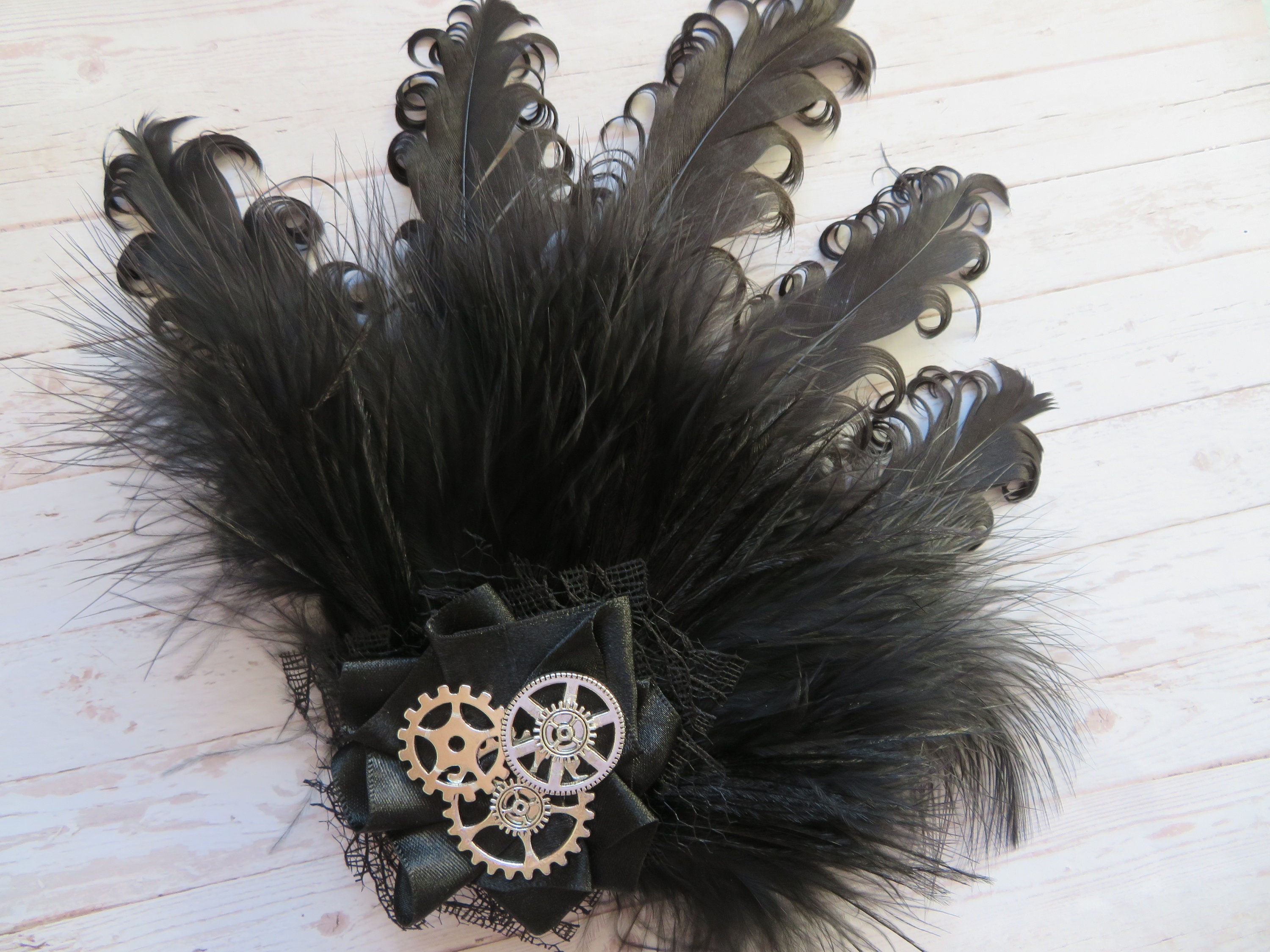 Black Steampunk Feather Fascinator Headpiece With Silver Cogs | Etsy
