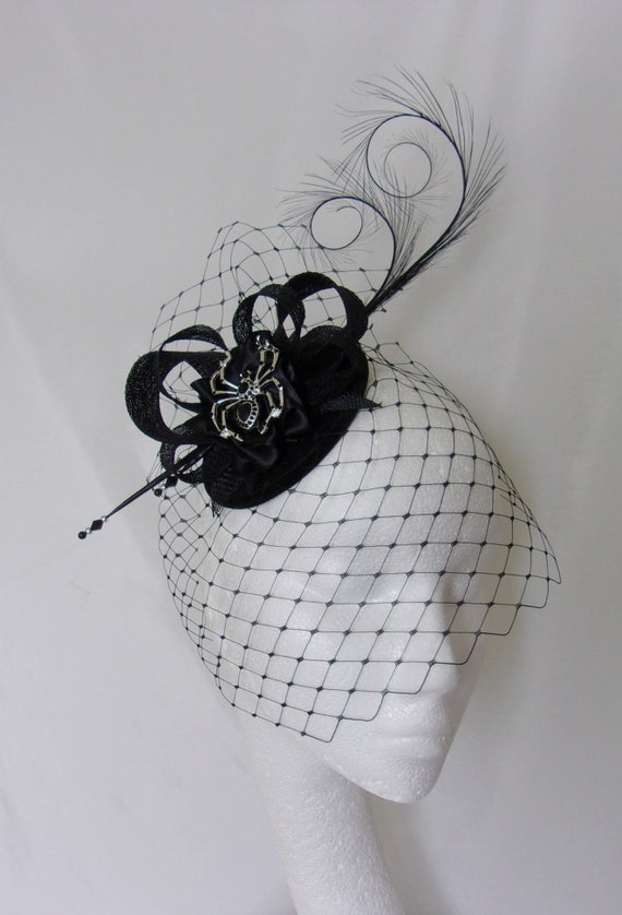 Black Gothic Fascinator With Blusher Veil Pheasant Curl | Etsy