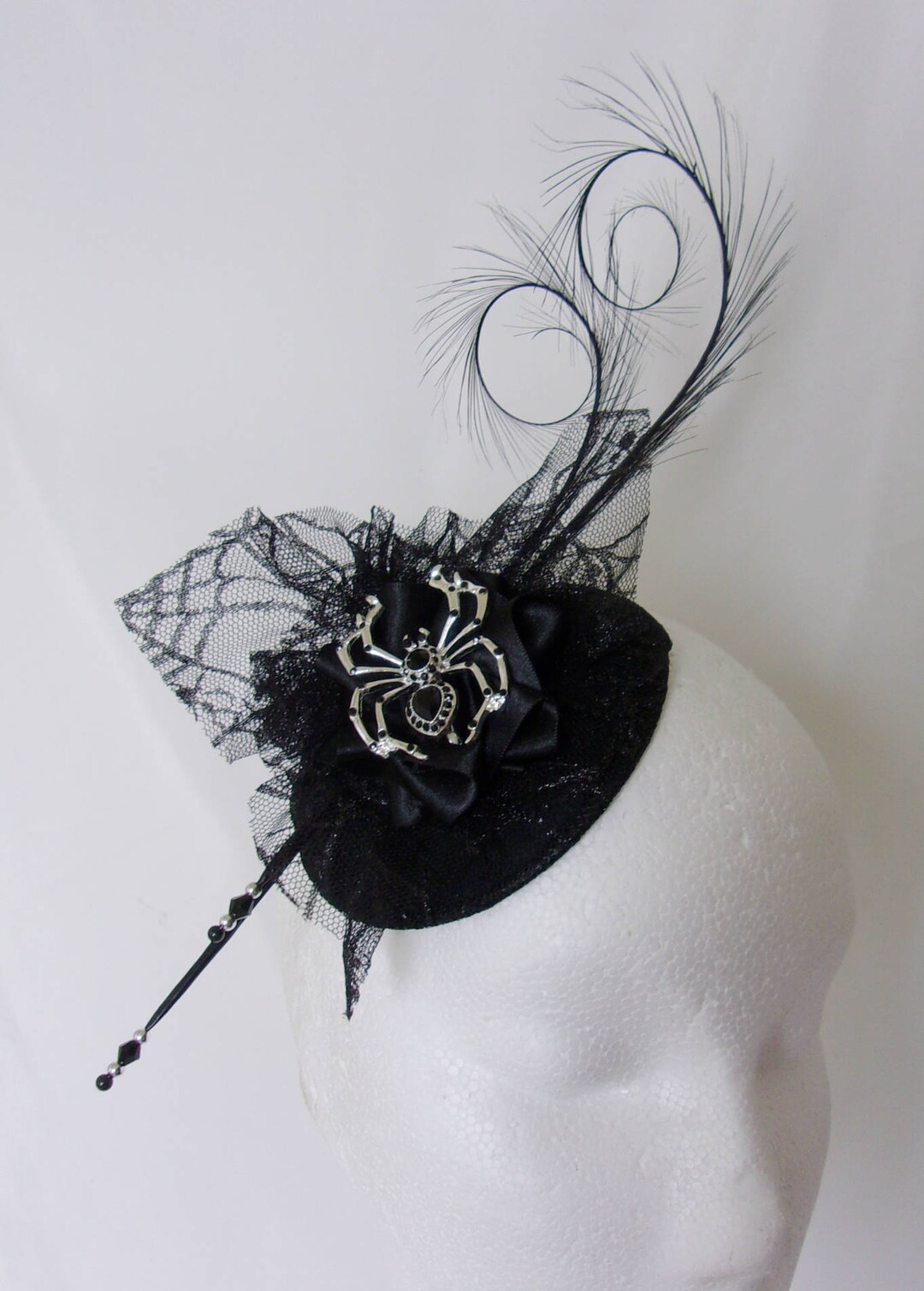 Black Gothic Fascinator With Cobweb Lace Curl Feather and Silver Spider ...