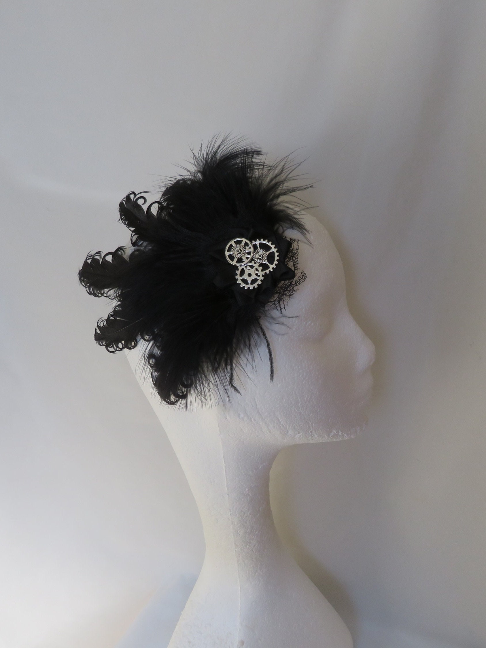 Black Steampunk Feather Fascinator Headpiece With Silver Cogs | Etsy
