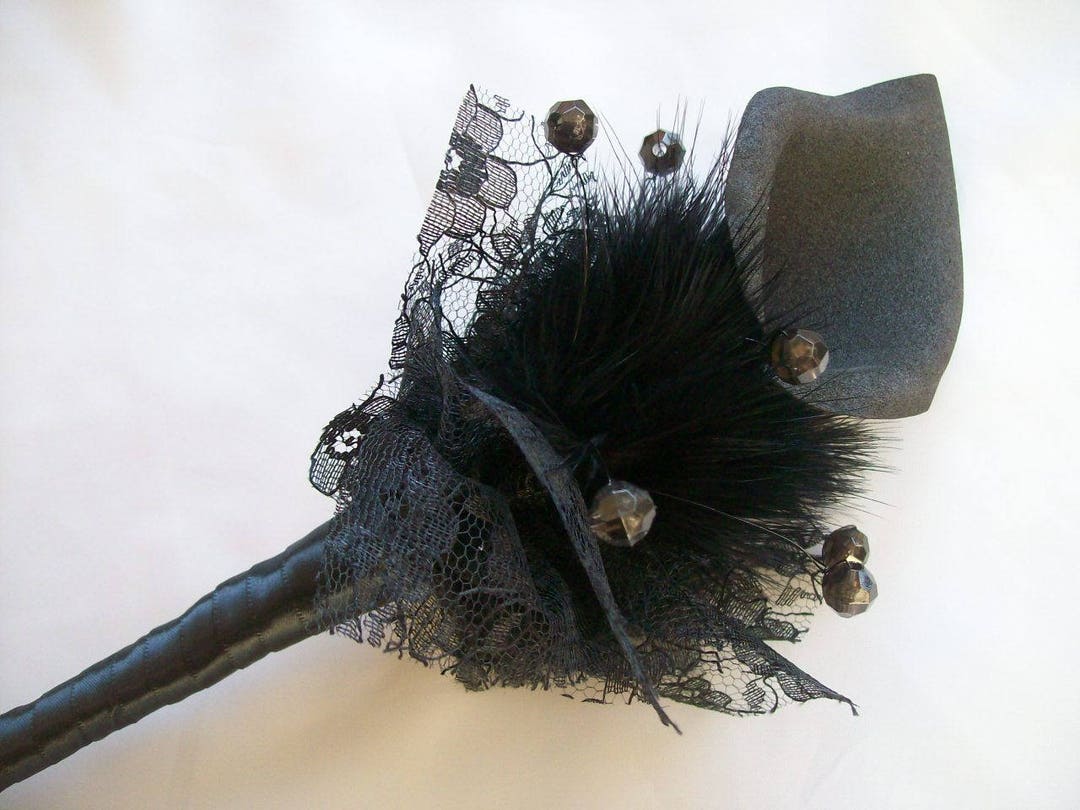 Black Fairy Wand Calla Lily Fluff Feather Lace & Crystal Wedding ...
