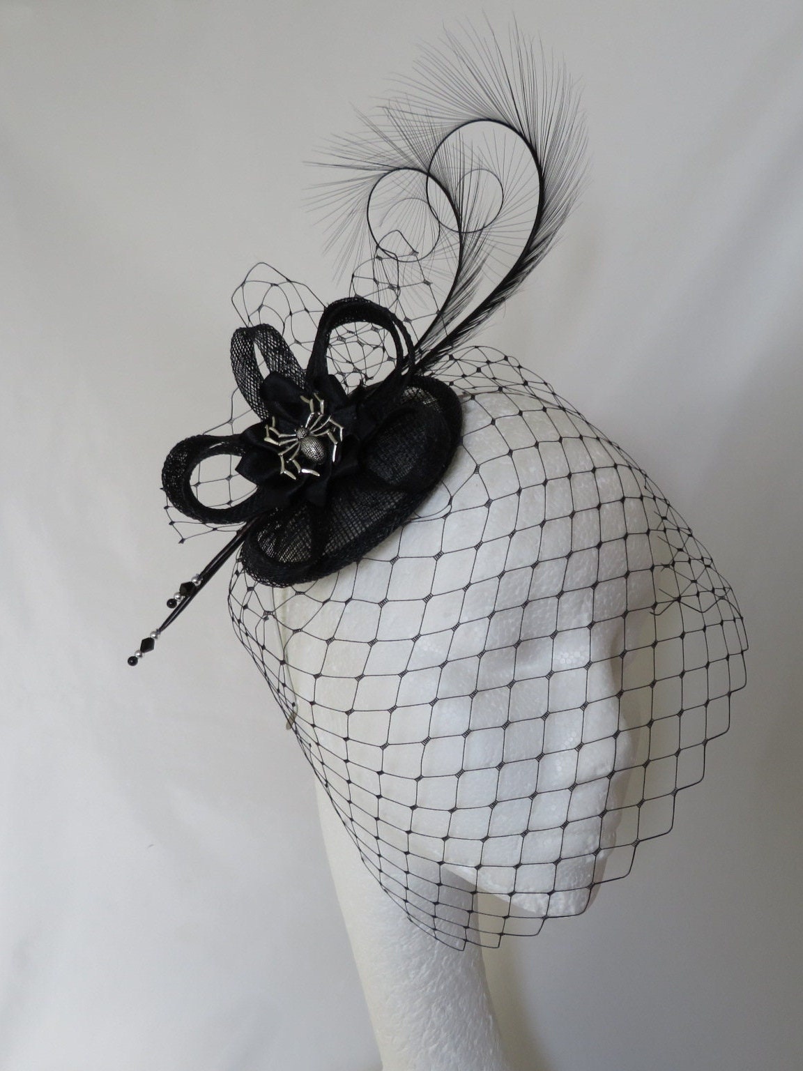 Black Gothic Fascinator With Blusher Veil Curl Feathers - Etsy
