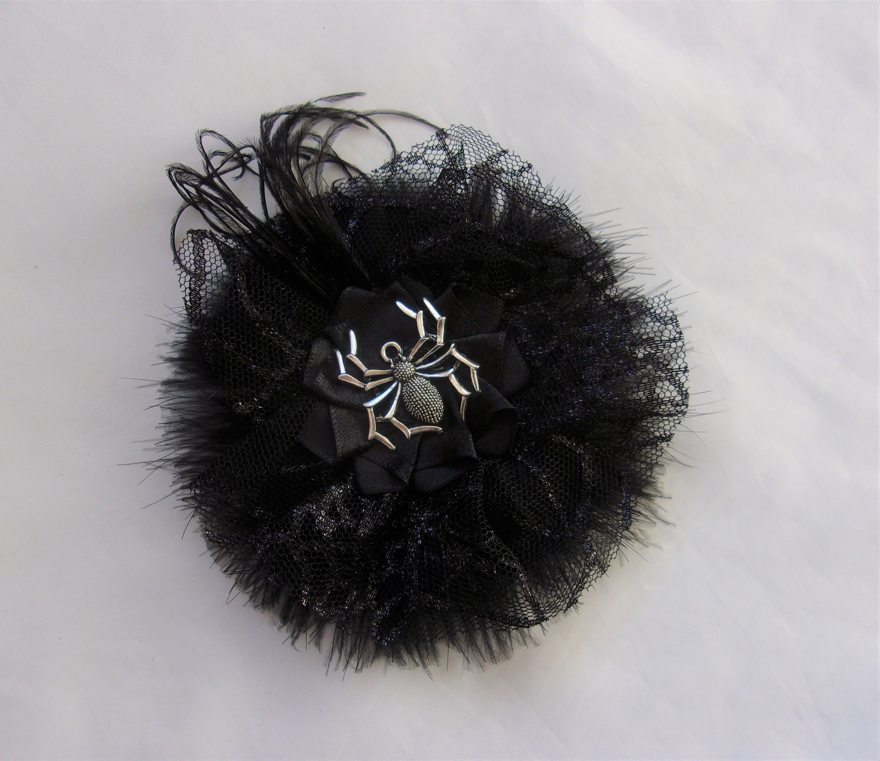 Black Spider Brooch With Feathers Cobweb Tulle Corsage - Etsy UK